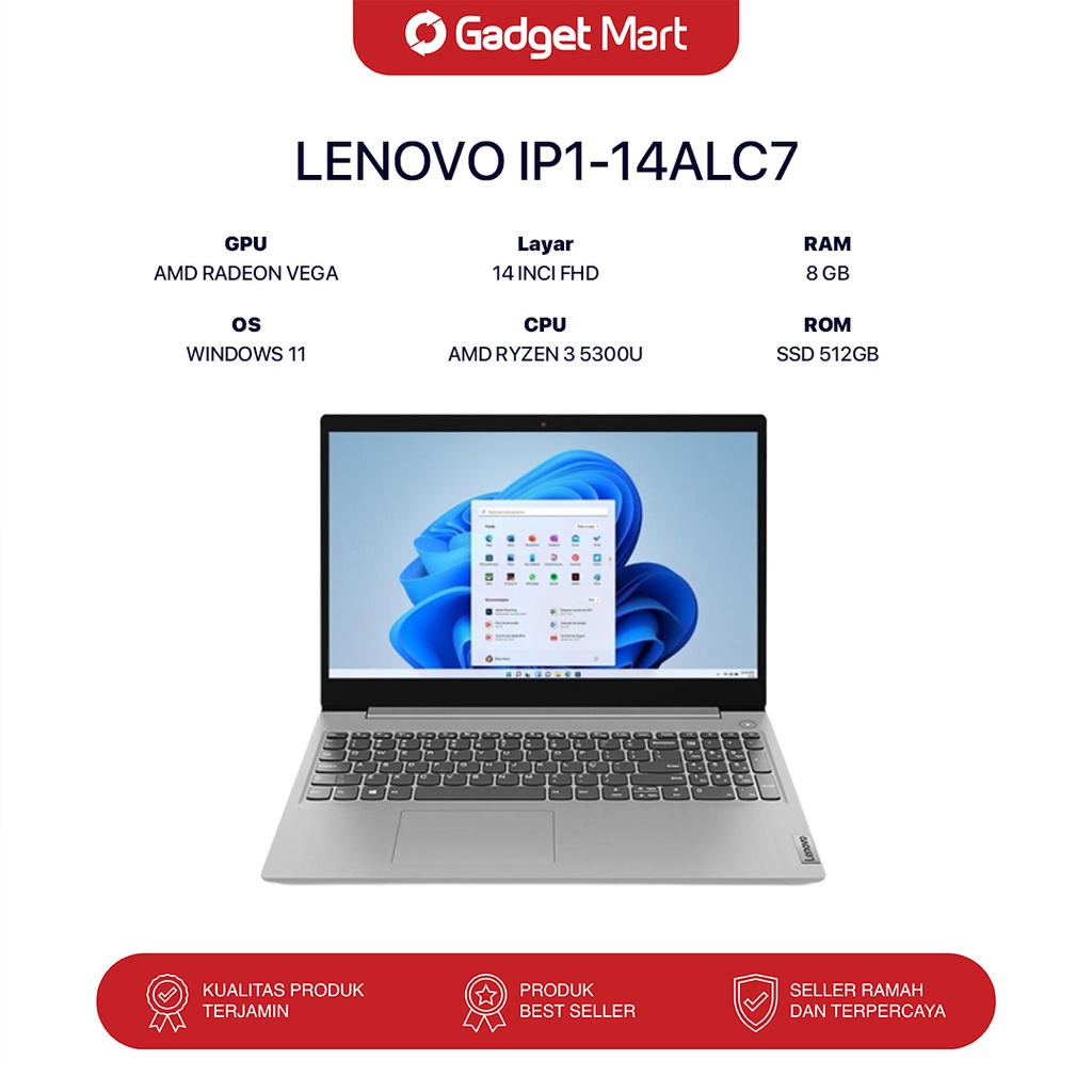 Jual Laptop Lenovo IP1-14ALC7 AMD R3 5300U 8GB SSD 512GB W11 OHS21 14 ...