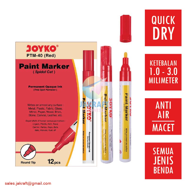 Jual (1 Pcs) Spidol Cat Permanen Paint Marker JOYKO PTM-40 Merah Red ...