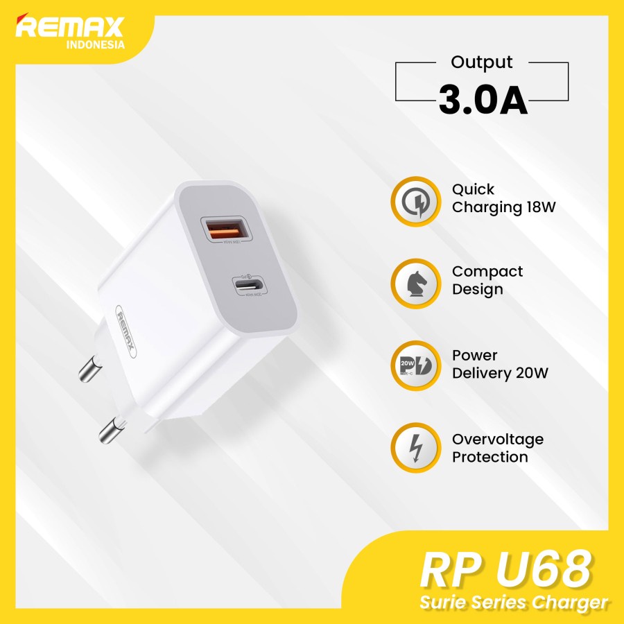 Jual REMAX Surie 20W PD+QC Fast Charger Adaptor 2 Port USB 1A 1C EU RP-U68 | Shopee Indonesia