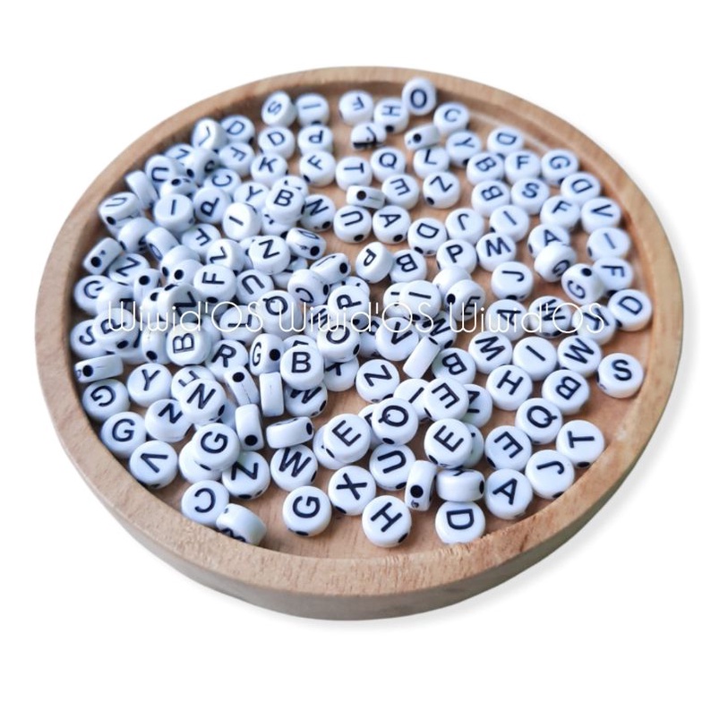 Jual (100 bj) MANIK HURUF BULAT PIPIH PUTIH HURUF HITAM 6 mm | Shopee ...