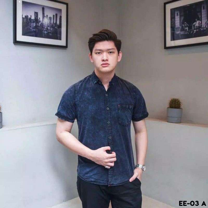 Jual Kemeja Jeans Denim Pria Baju Cowok Lengan Pendek Atasan Pria ...