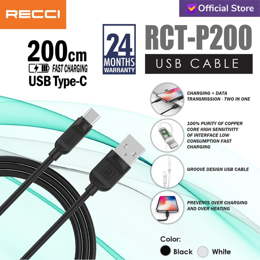 Jual RECCI USB Kabel Charger 200CM Type-C RCT-P200 Putih/Hitam 2.1A Fast Charging | Shopee Indonesia