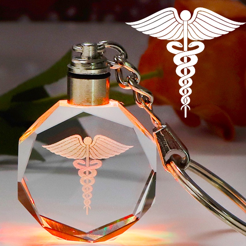 Jual Crystal Caduceus Key Chain Laser Engraved colorful Led Light Glass ...