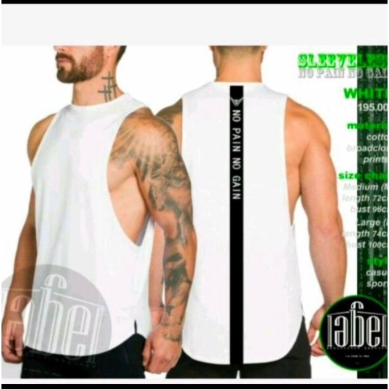 Jual Singlet Pria Low cut No Pain No Gain PUTIH cotton combed4S ...