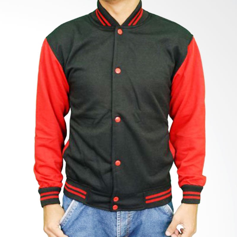 Jual PROMO JAKET BASEBALL POLOS HITAM LENGAN MERAH ! SWEATER PRIA COWOK ...