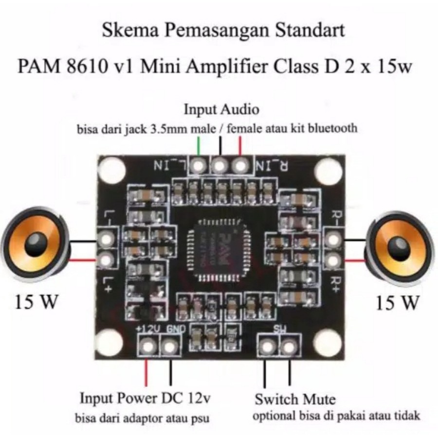 Jual Kit Power Amplifier Mini Stereo PAM8610 PAM 8610 2x15W 5V Class D ...