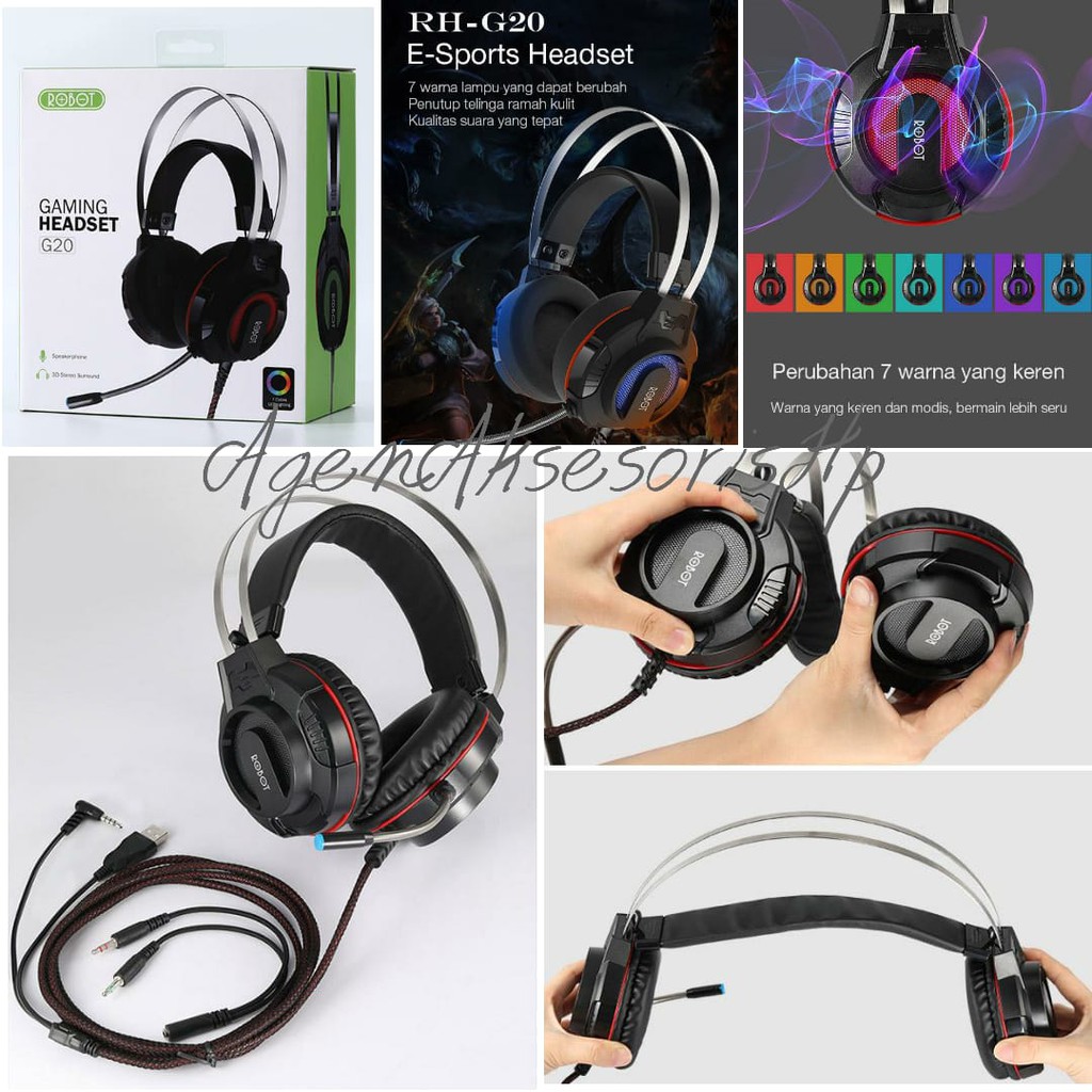 Jual ROBOT Gaming Wired Headset RH-G20 GH1100 Black with 7 Colour LED ...