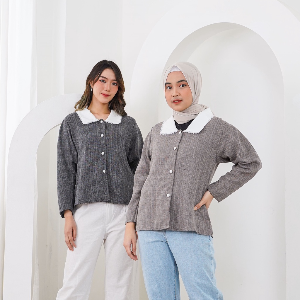 Jual Chamele - Maureen Lace Basic Tweed PREMIUM Korean Top Atasan Kemeja Wanita 2601 | Shopee ...