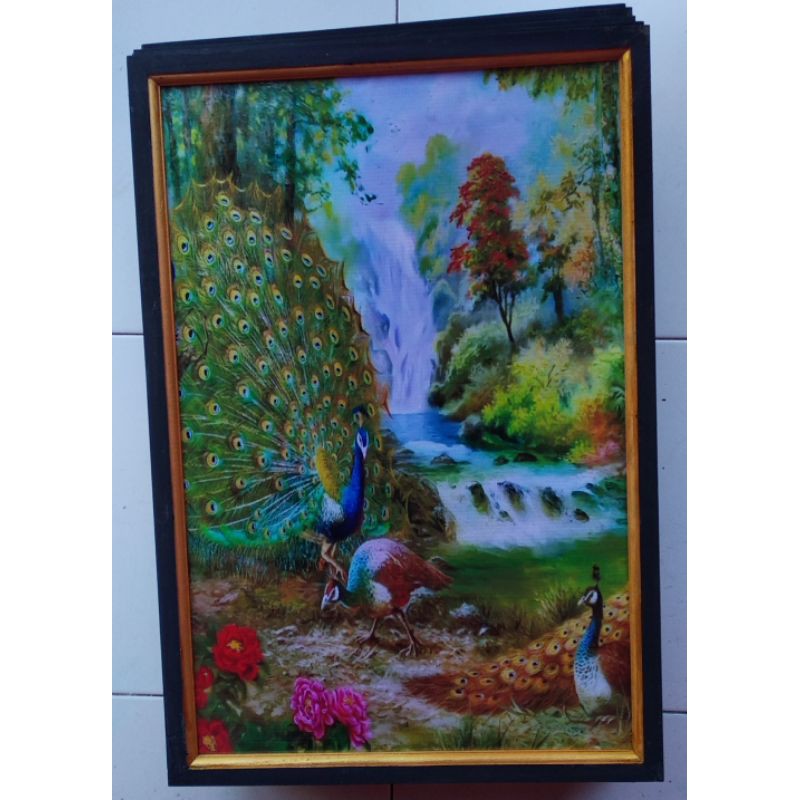 Jual hiasan dinding lukisan cetak burung merak air terjun plus bingkai ...
