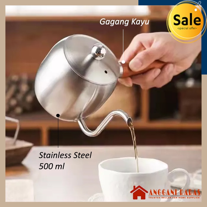 Jual Teko Tuang Kopi Leher Angsa Gagang Kayu Anti Panas Stainless 500ml ...