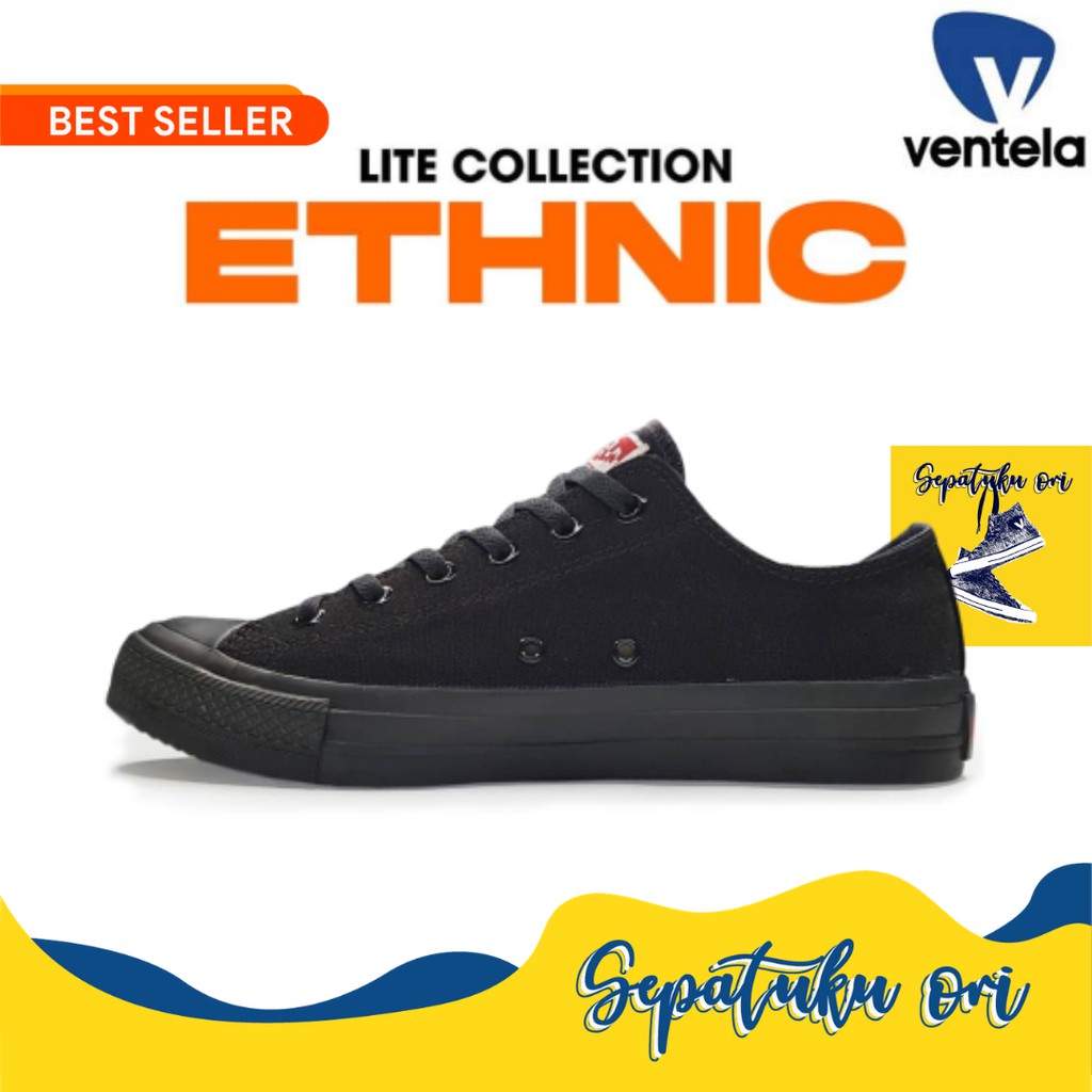 Jual Sepatu Ventela Ethnic Low Black Natural White Full All Black Original | Sepatu Sekolah ...