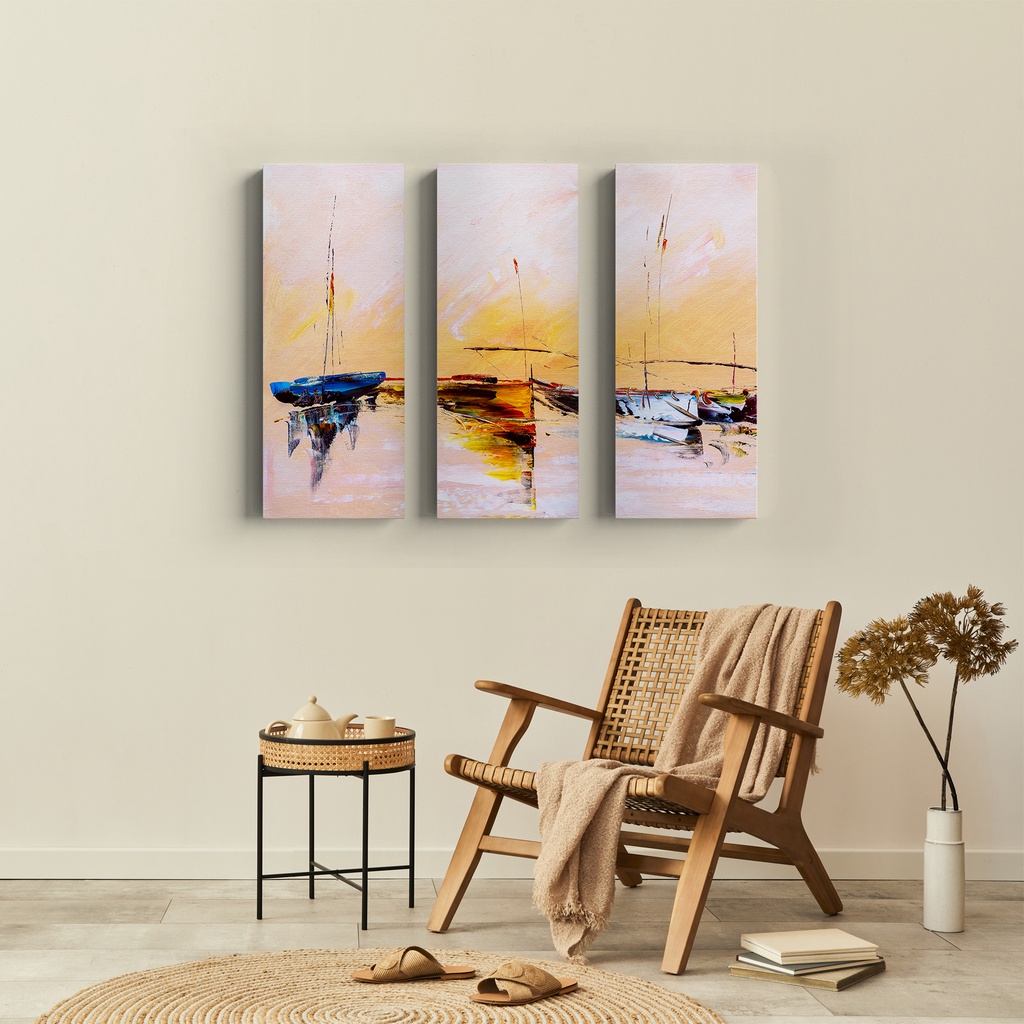 Jual Lukisan Panel Kapal Perahu di Laut Suasana Sunset di Pantai Bahan ...