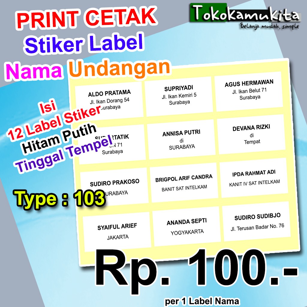 Jual PRINT CETAK LABEL NAMA UNDANGAN No.103 | Shopee Indonesia