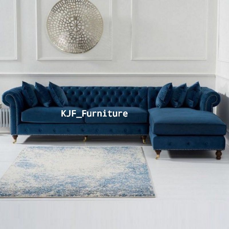Jual sofa chesterfield L ukuran jumbo besar dan mewah bahan kain bludru ...