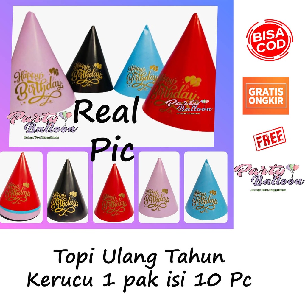 Jual Topi Ulang tahun anak dewasa lingkar kerucut motif huruf Gold ...