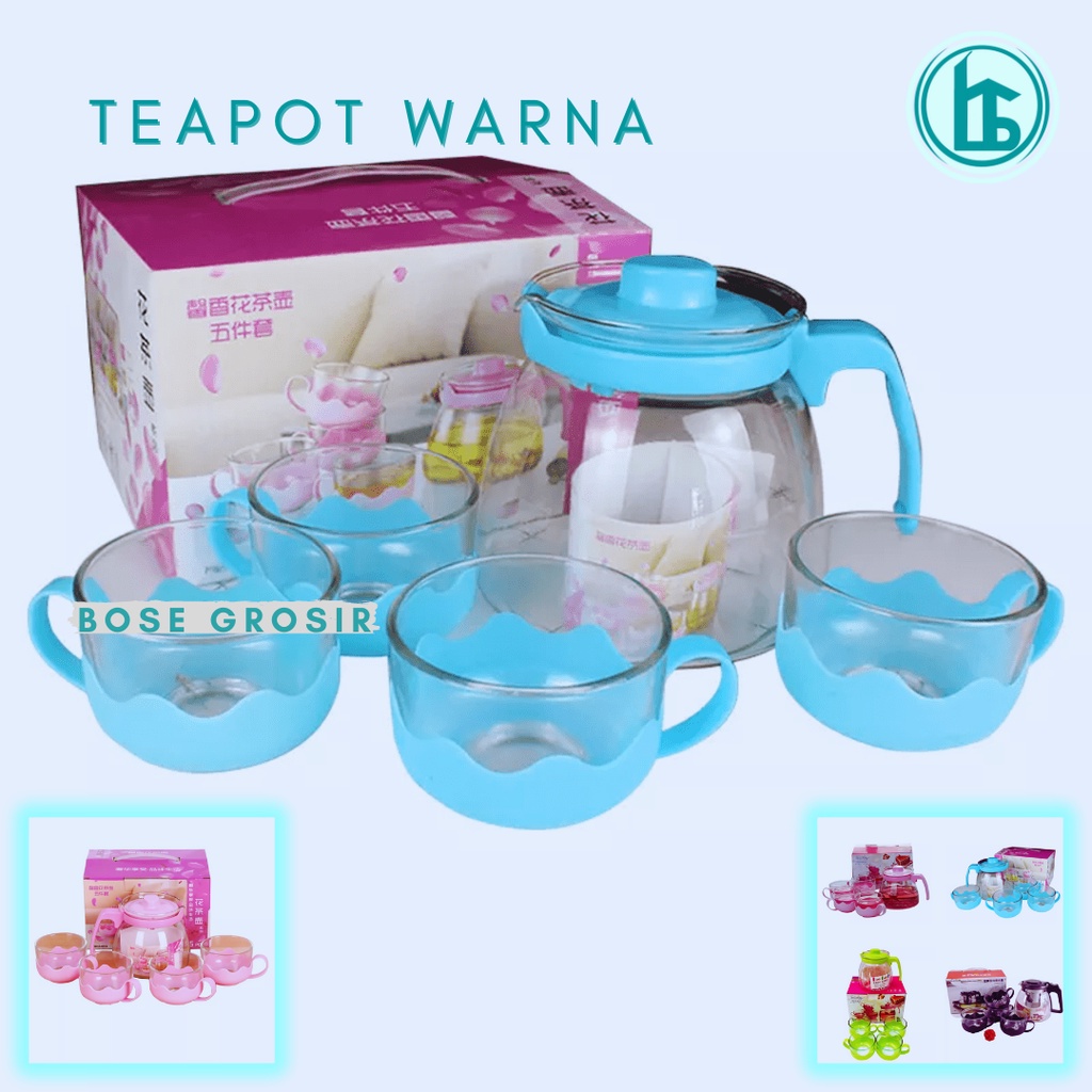 Jual BOSE Teapot Set Warna 5in1 Kaca Tebal Tahan Panas Hadiah Kado Teko ...