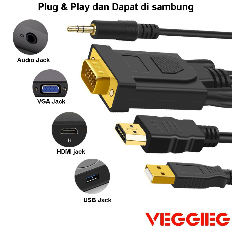 Jual VEGGIEG KABEL HDMI TO VGA WITH AUDIO AND POWER 2 MTR HV-2B ...