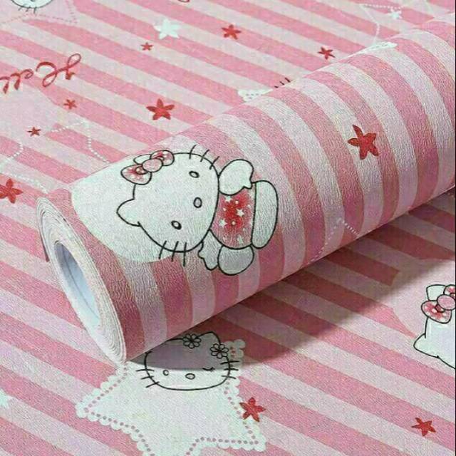 Jual Wallpaper dinding hello khity salur ukuran 45 cm x 10 mtr stiker dinding hello kitty salur ...