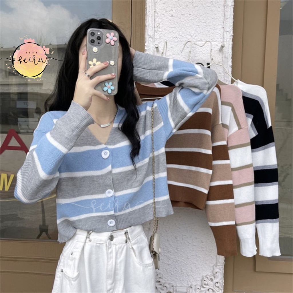 Jual [BISA COD] Naya Stripped Cardigan Rajut Cropped Knit / Windy Outer ...