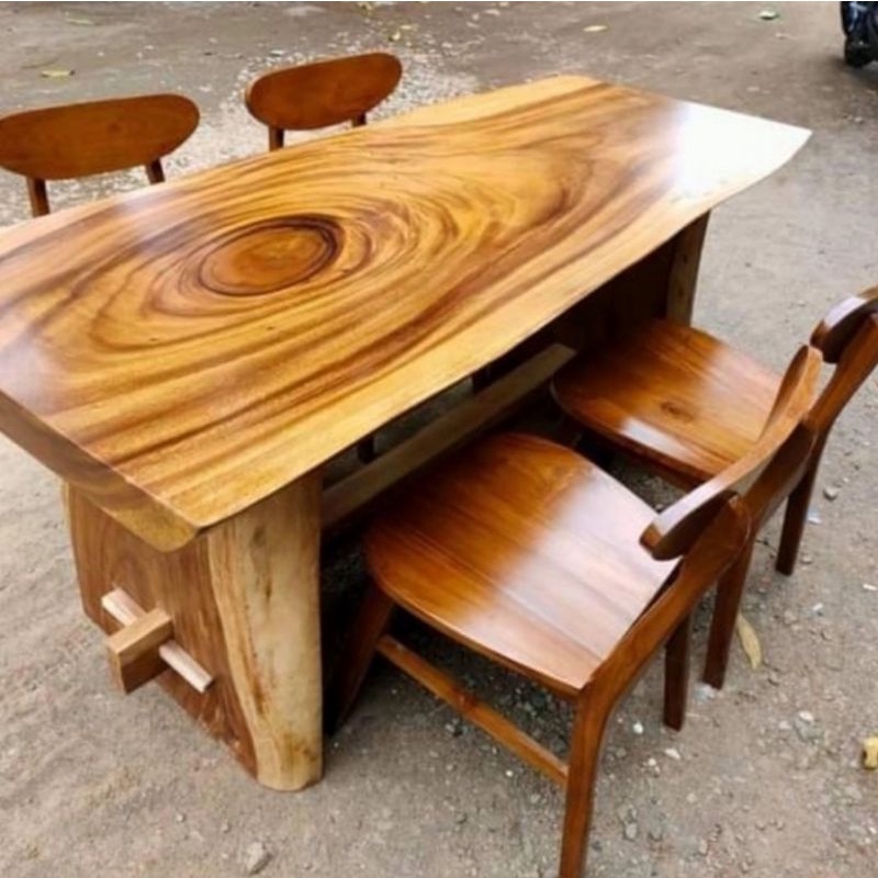 Jual Meja makan kayu trembesi utuh tanpa sambungan kursi jati asli 150x60x75 | Shopee Indonesia
