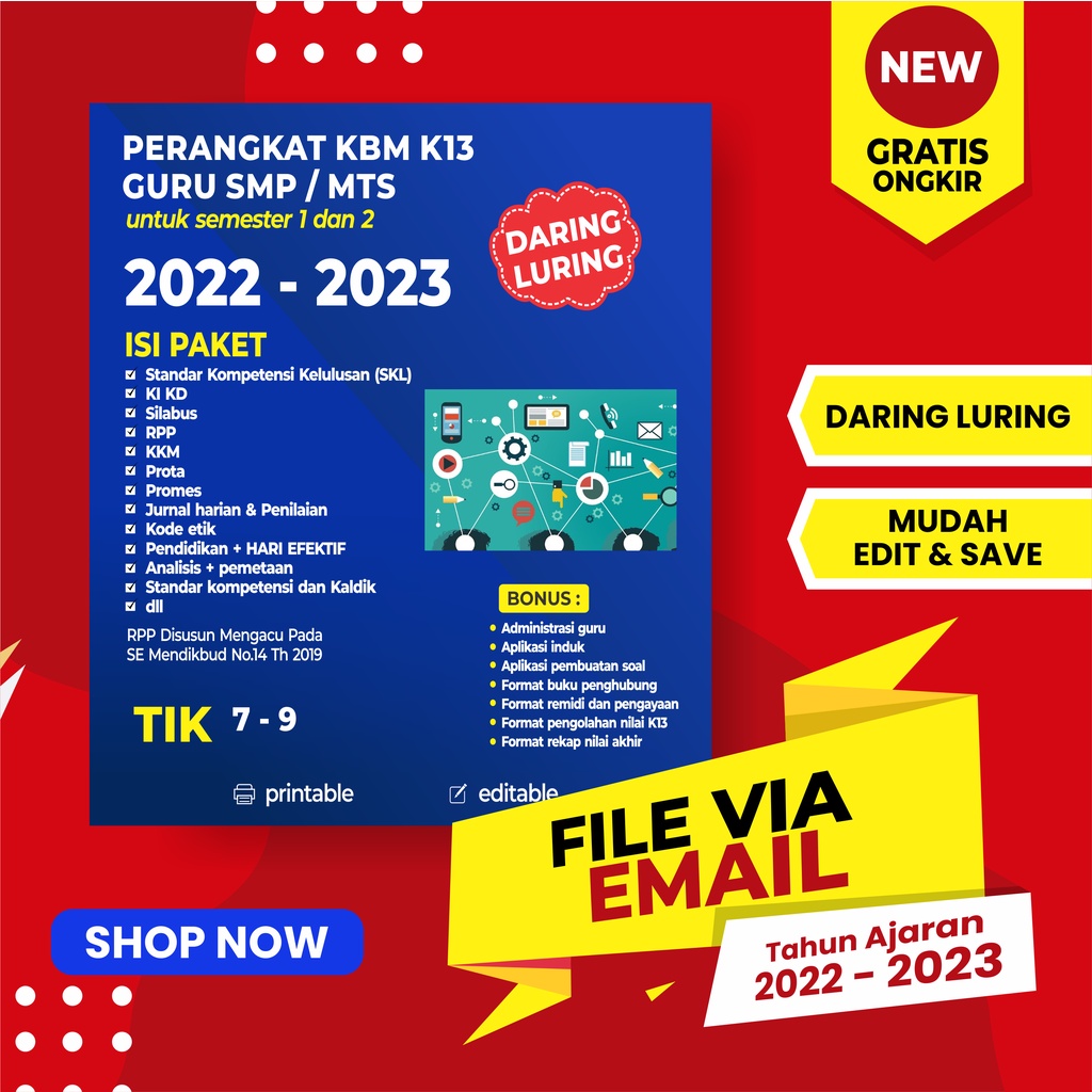 Jual RPP PERANGKAT PEMBELAJARAN TIK FORMAT 1 LEMBAR K13 KELAS 7, 8, 9 REVISI TERBARU 2022 DARING ...