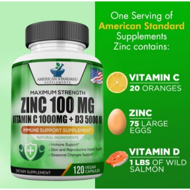 Jual American Zinc 100mg, Vitamin C 1000mg, D3 5000iu Immune booster isi 120 Capsules | Shopee ...