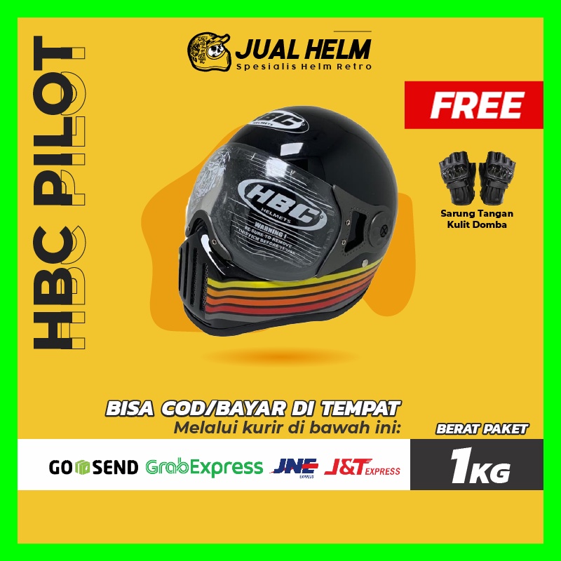 Jual Helm Cakil HBC Pilot Visor Strip Hitam Glossy | Helm Retro | Full ...