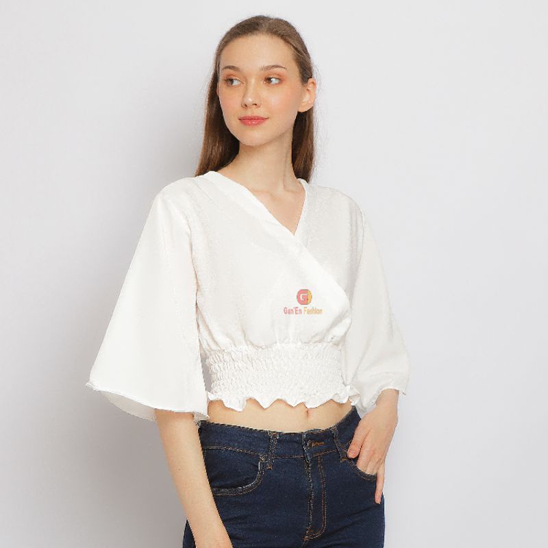 Jual Atasan Blouse Baju Crop Top Korean Style Lengan Terompet Kekinian ...