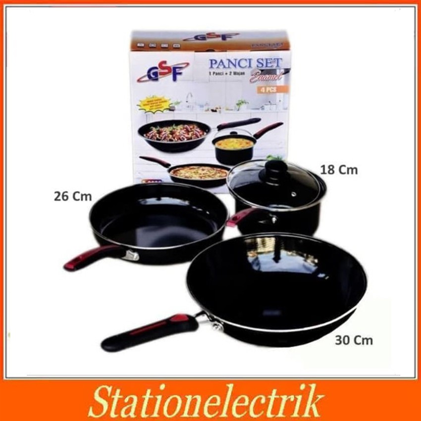 Jual Panci Set Enamel GSF G-2630 Frypan Tutup Kaca Wajan Wok Dan ...