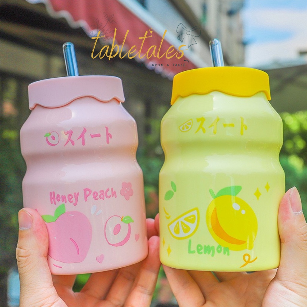 Jual Botol Minum Gelas Kaca Bentuk Yakult Fruit with straw / Gelas Susu ...