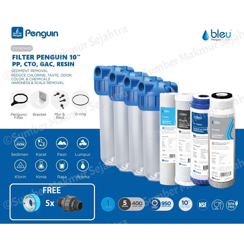 Jual Paket Filter Air Penguin Bleu 10" PBF 10 PP CTO GAC Resin | Shopee ...