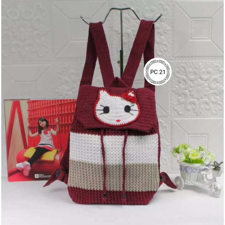 Jual Tas Rajut Ransel Anak Motif Hello Kitty Atas Ukuran 25cm x 30cm ...