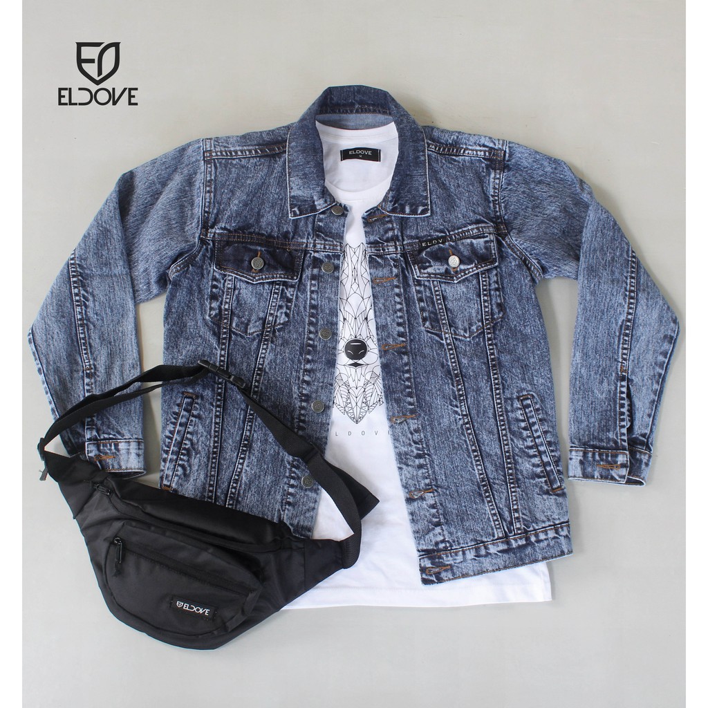 Jual Eldove Paket Jacket Denim + Kaos + Waistbag 9513 | Shopee Indonesia