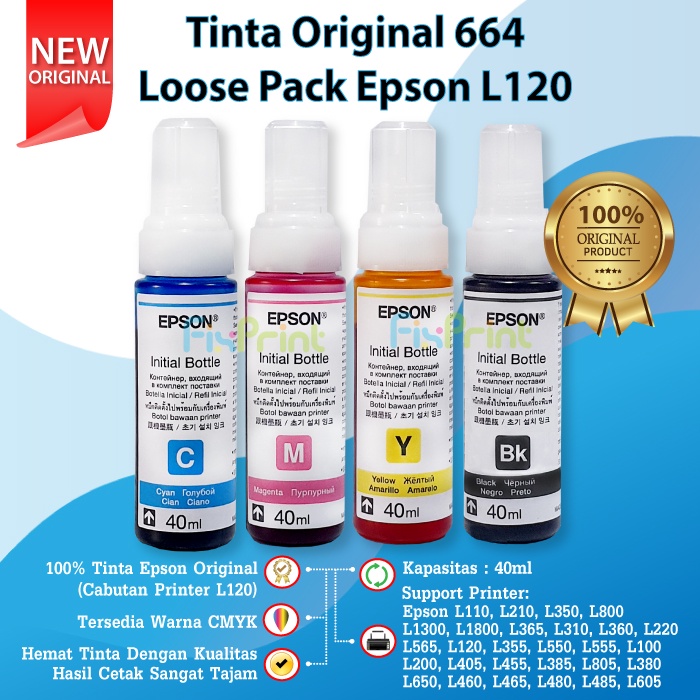 Jual Tinta 664 40ml Loosepack Original Bawaan Printer Epson L121 L120 ...