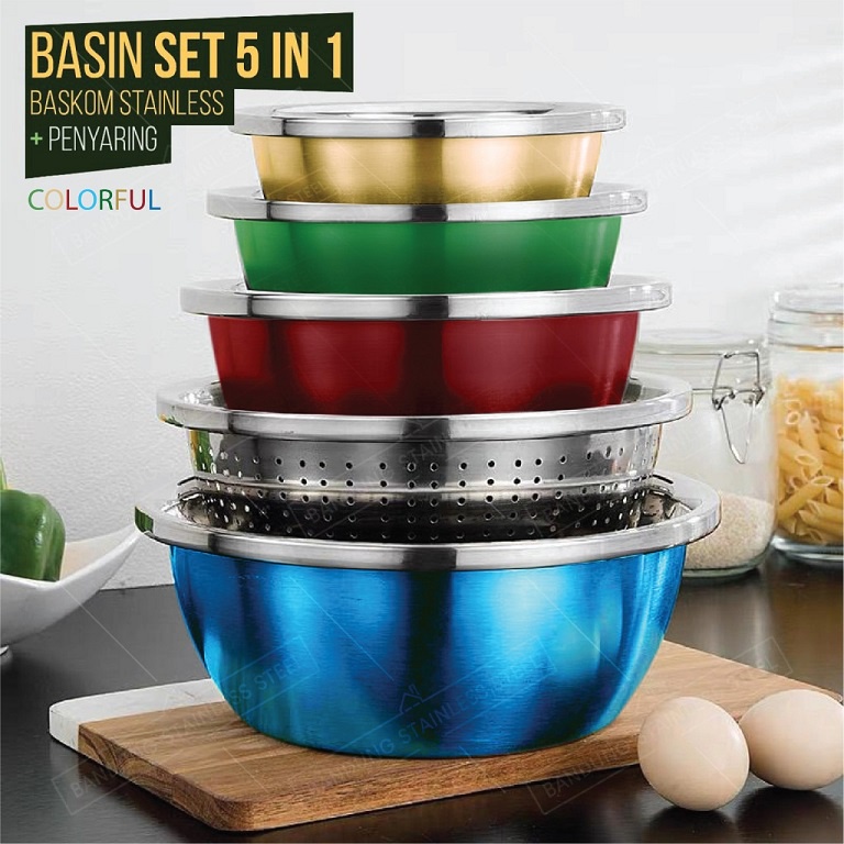 Jual 5pcs baskom set stainless warna kilap glossy tebal dapur lubang ...