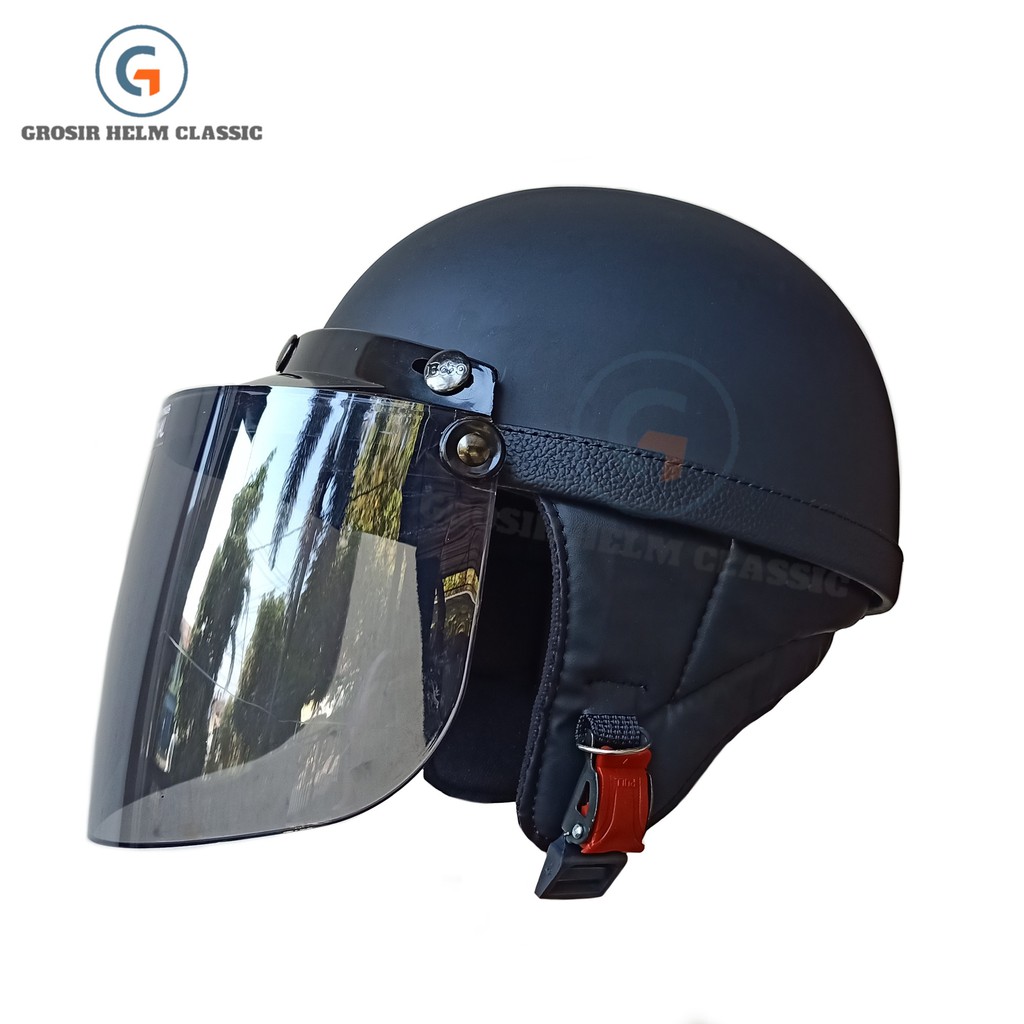 Jual HELM RETRO HITAM DOP KOMBINASI KACA DATAR/HELM CHIP CAT HITAM DOP ...
