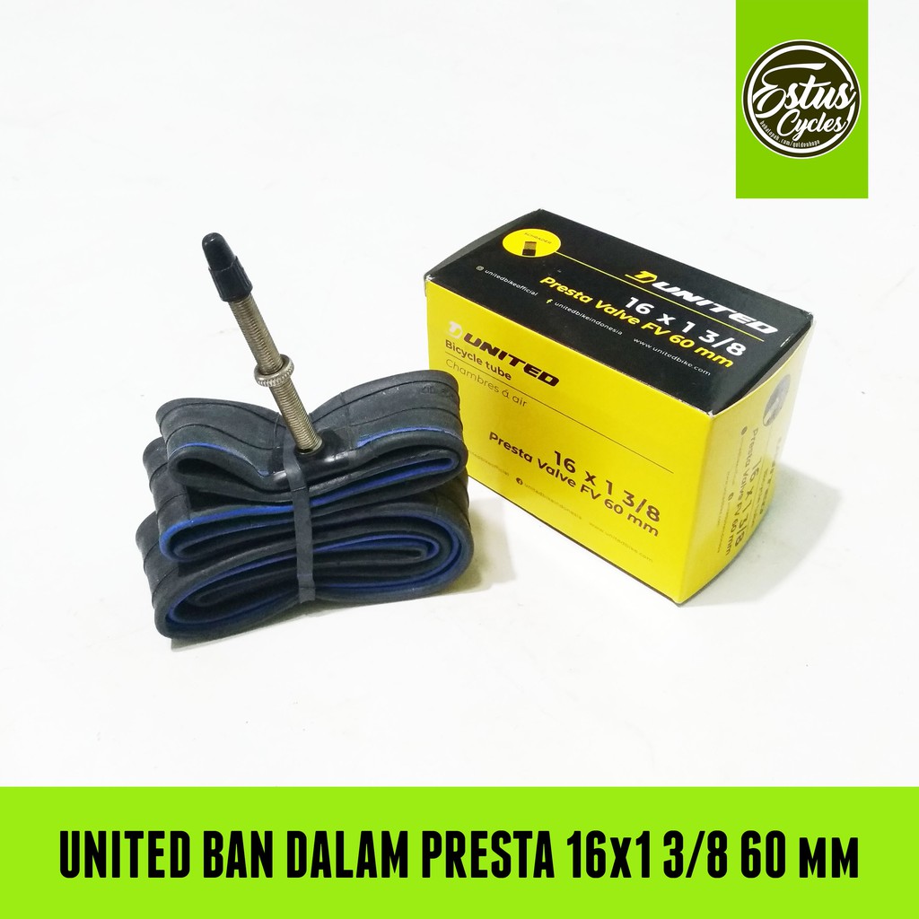 Jual Ban Dalam 16 Plus United Ukuran 16x1 3-8 Pentil Kecil Presta Valve Estus Cycles | Shopee ...