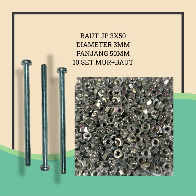 Jual MUR BAUT JP 3x50 MM 10 SET GALVANIS 30 X 50 MM | Shopee Indonesia