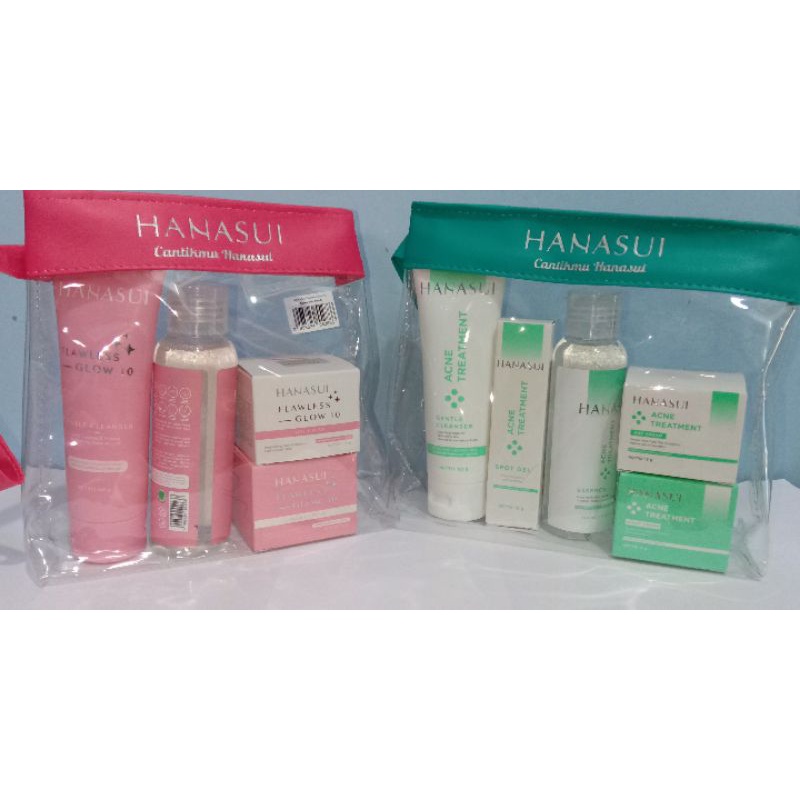Jual HANASUI FLAWLESS GLOW 10 SET 4IN1+POUCH / HANASUI ACNE TREATMENT ...