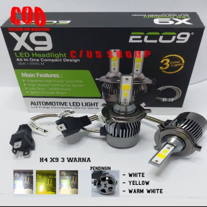 Jual LAMPU LED HEADLAMP FOGLAMP MOBIL H4 H11 H7 HB3(9005) HB4(9006) X9 ECO9 3 WARNA PUTIH ...