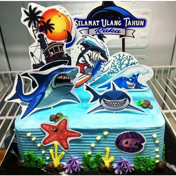 Jual cake topper megalodon/ikan hiu bisa tambah nama hiasan kue ulang ...