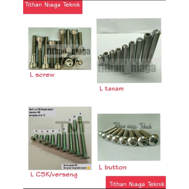 Jual m5x45 drat 0.8 SS304 baut L stainless screw / L button / L CSK ...
