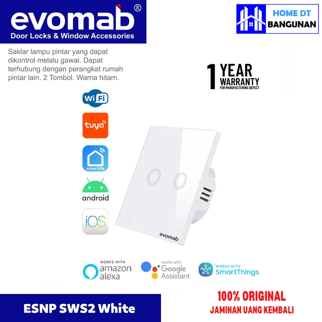 Jual evomab Saklar Lampu Touch Wallswitch 2 Tombol IoT Smart Home ESNP ...