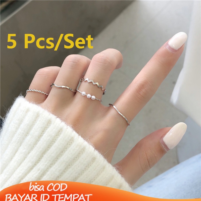 Jual COD 5pcs/ Set Cincin Fashion Aksen Berlian Imitasi Mutiara Untuk Wanita Wanita Korea Retro ...