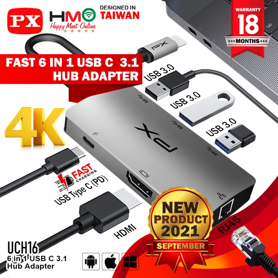 Jual PX UCH-16 USB Hub Type C Converter Laptop PX Macbook To HDMI USB 3 ...