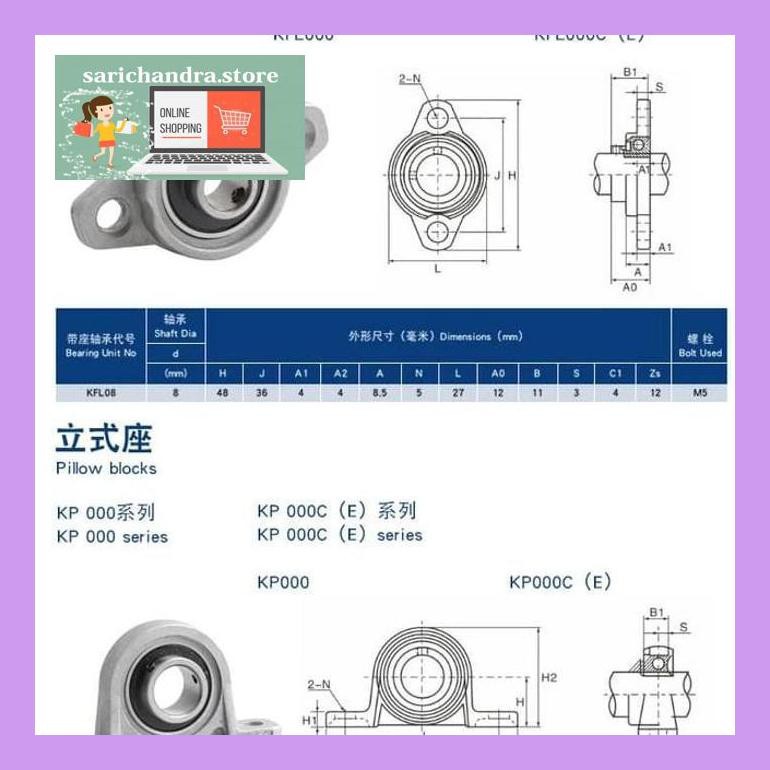 Jual S4Rd0R5 Kp08 P08 8Mm M8 Mounted Pillow Block Bearing Lead Screw ...