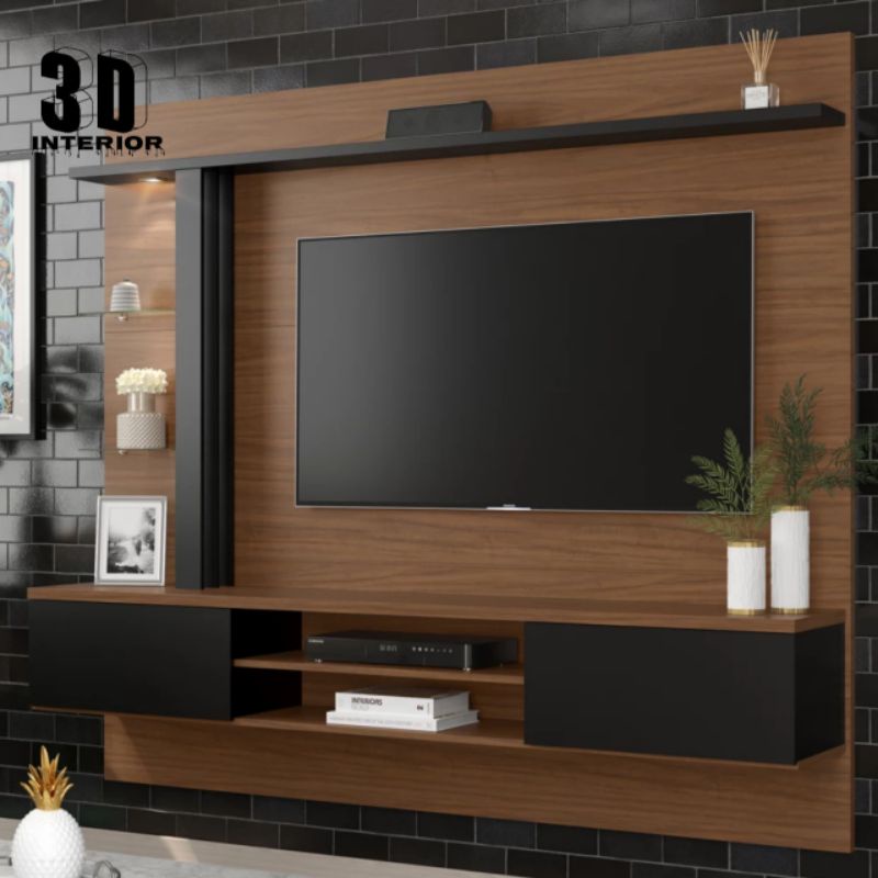 Jual Rak TV Minimalis / Backdrop TV Hitam & Coklat Serat | Shopee Indonesia