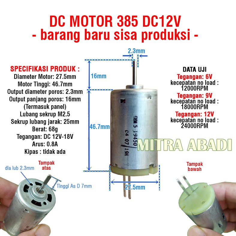 Jual DC Motor Dinamo Kecil 385 DC 12V 15W Axis As 2.3mm 2.35mm NO FAN | Shopee Indonesia