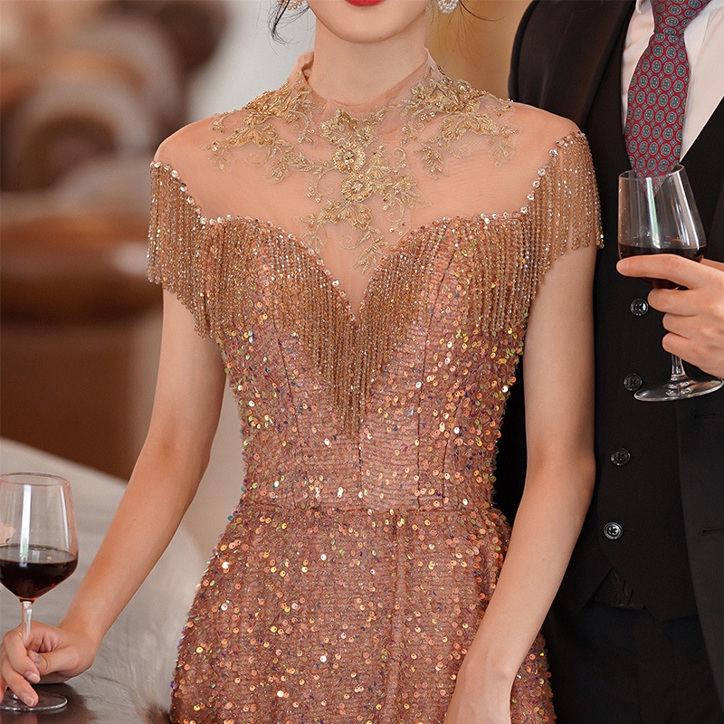 Jual Ready stock Banquet evening dress champagne tassel bride toast ...