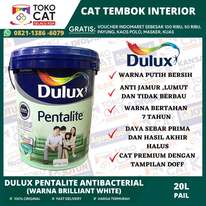Jual CAT TEMBOK DULUX PENTALITE ANTIBAC WARNA BRILLIANT WHITE 20L PAIL ...